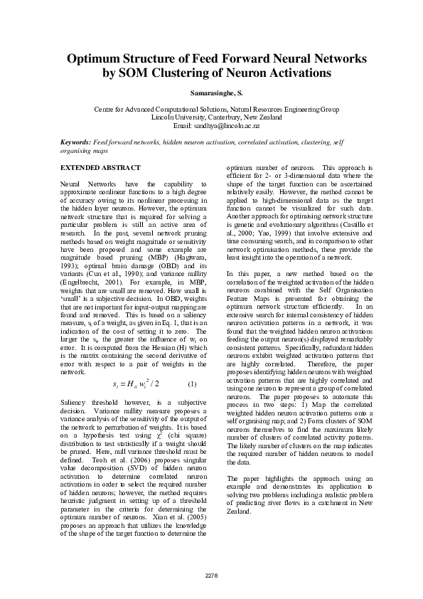 (PDF) Optimum structure of feed forward neural networks by SOM clustering of neuron activations ...