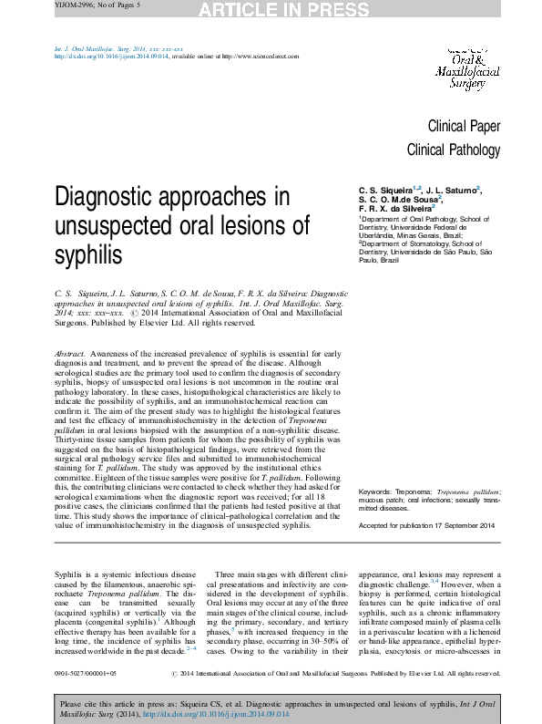 (PDF) Oral Syphilis Diagnosis via Biopsy Findings