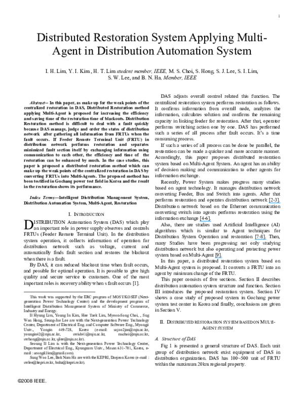 (PDF) Distributed Restoration system applying Multi-Agent in distribution automation system