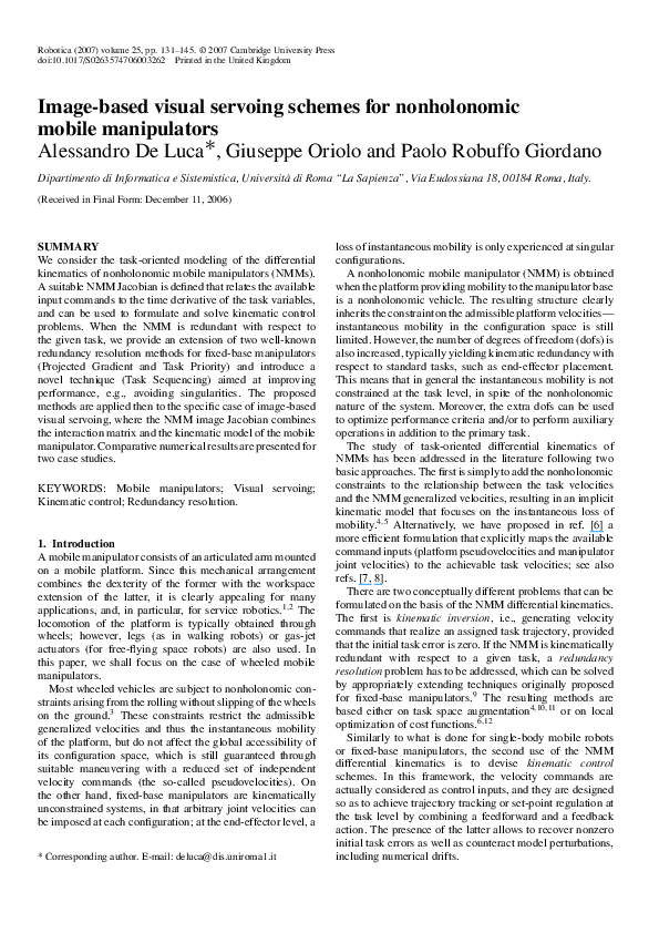 Pdf Image Based Visual Servoing Schemes For Nonholonomic Mobile Manipulators
