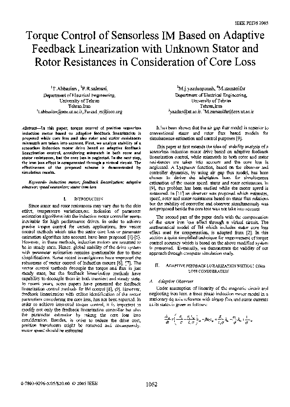 Pdf Torque Control Of Sensorless Im Based On Adaptive Feedback Linearization With Unknown