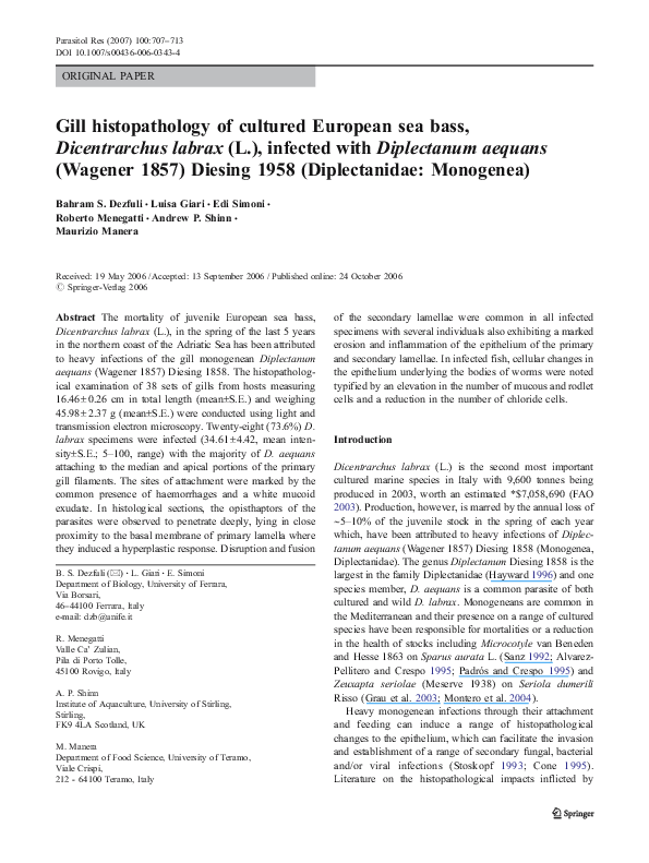 (PDF) Gill histopathology of cultured European sea bass, Dicentrarchus ...