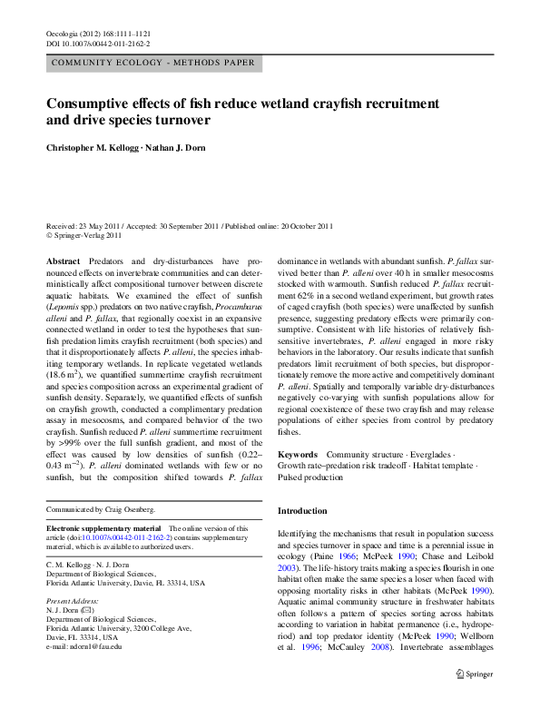 (PDF) Consumptive effects of fish reduce wetland crayfish recruitment ...