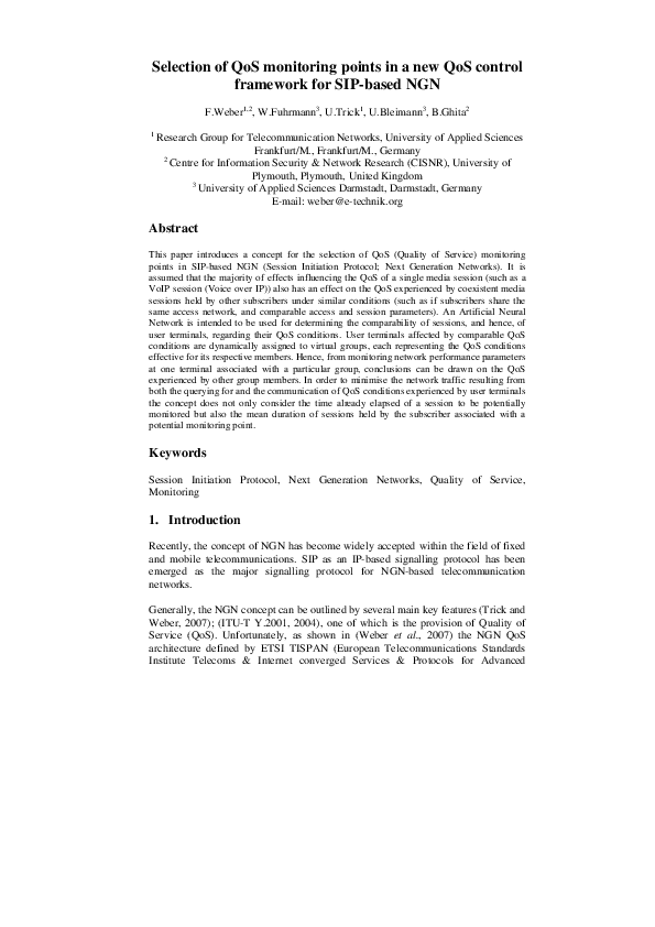 (PDF) Selection of QoS monitoring points in a new QoS control framework for SIP-based NGN