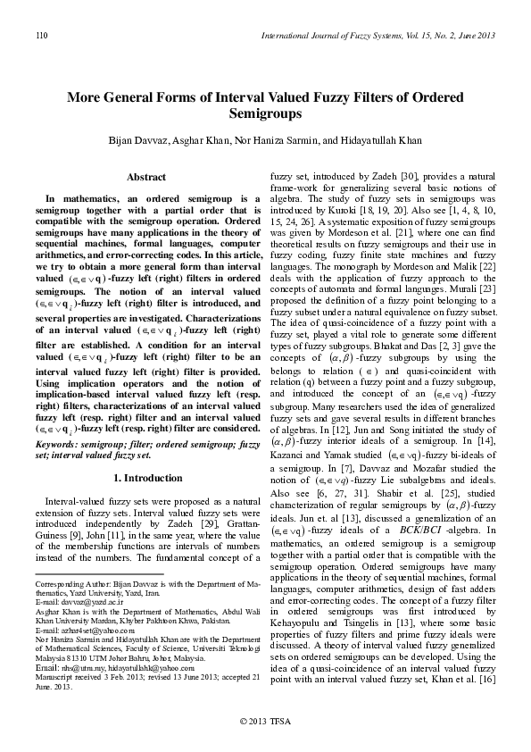 (PDF) More General Forms of Interval Valued Fuzzy Filters of Ordered Semigroups