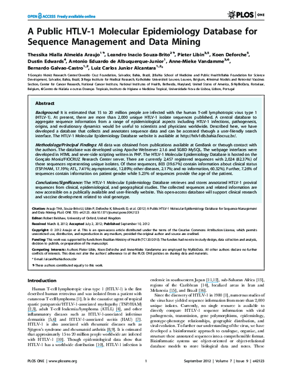Pdf A Public Htlv 1 Molecular Epidemiology Database For Sequence