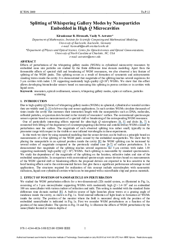 (PDF) Splitting of whispering gallery modes by nanoparticles embedded in high Q microcavities