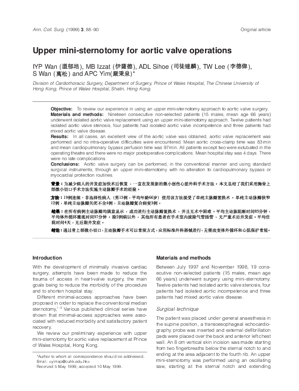 (PDF) Upper mini-sternotomy for aortic valve operations