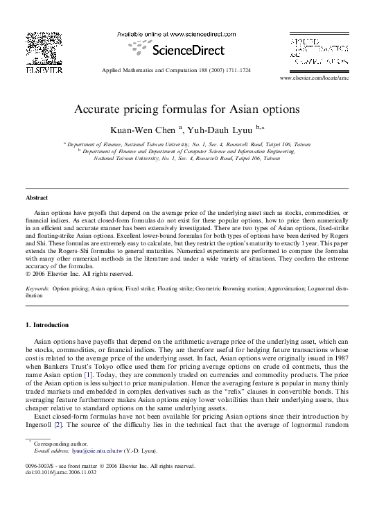 (PDF) Accurate pricing formulas for Asian options