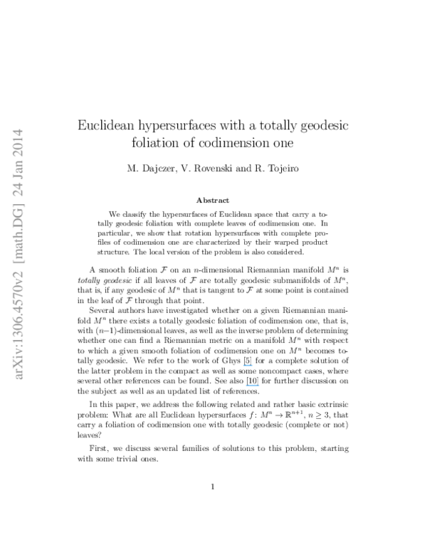 (PDF) Euclidean hypersurfaces with a totally geodesic foliation of codimension one