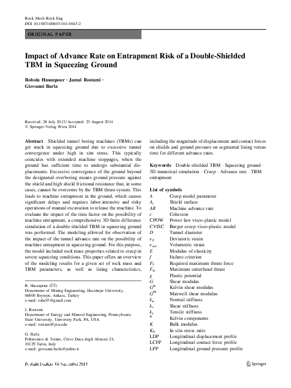Pdf Impact Of Advance Rate On Entrapment Risk Of A Double Shielded