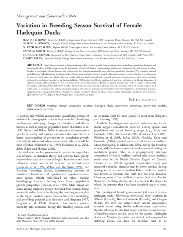 (PDF) Variation in Breeding Season Survival of Female Harlequin Ducks
