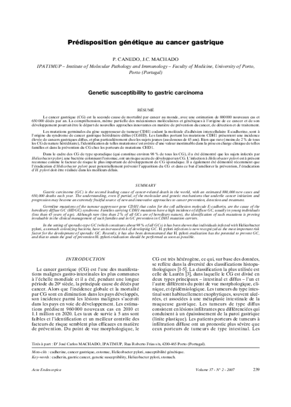 (PDF) Prédisposition génétique au cancer gastrique
