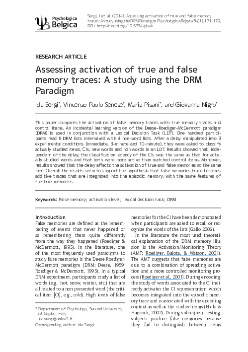 (PDF) Assessing activation of true and false memory traces: A study ...