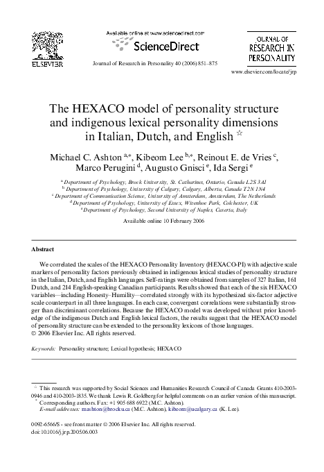 (PDF) The HEXACO model of personality structure and indigenous lexical ...