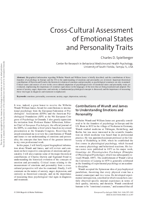 (PDF) Cross-Cultural Assessment of Emotional States and Personality ...