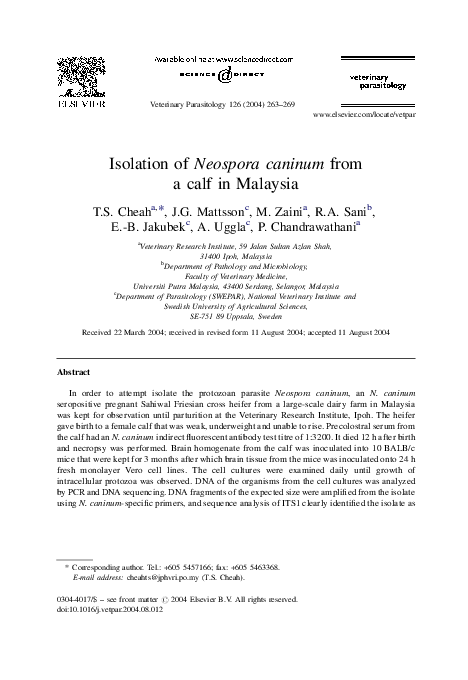 (PDF) Isolation of Neospora caninum from a calf in Malaysia