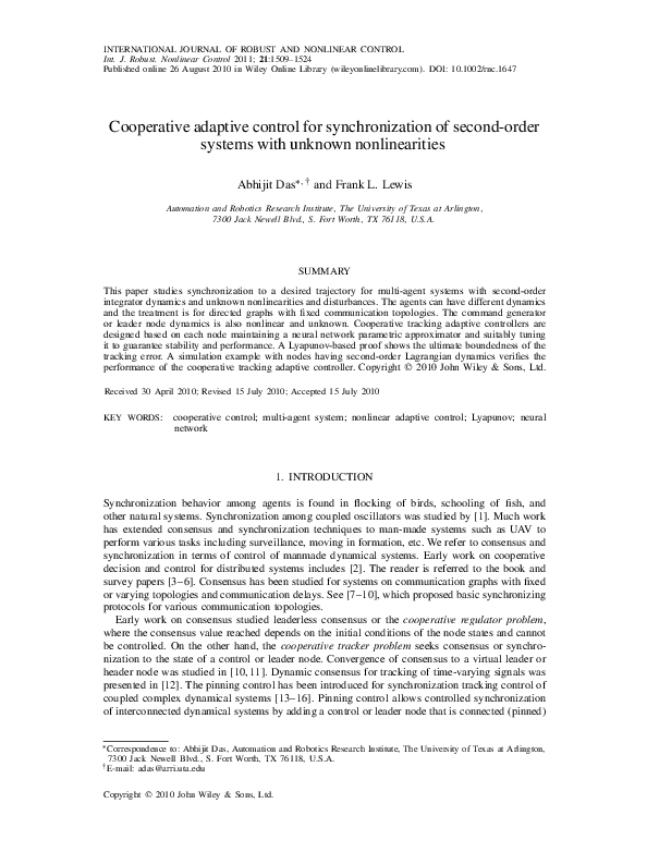 Pdf Cooperative Adaptive Control For Synchronization Of Second‐order