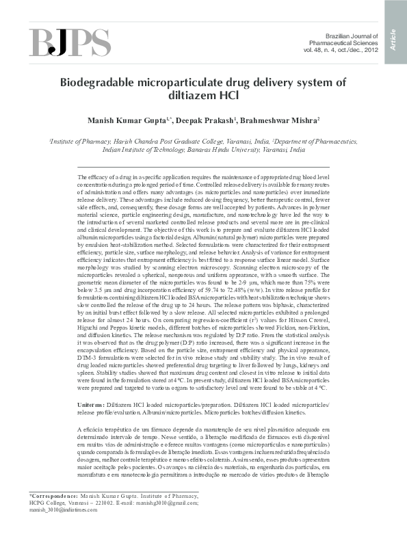 (PDF) Biodegradable microparticulate drug delivery system of diltiazem HCl