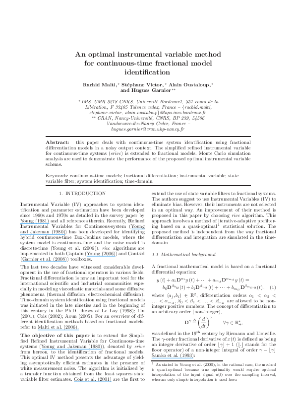(PDF) An optimal instrumental variable method for continuous-time fractional model identification