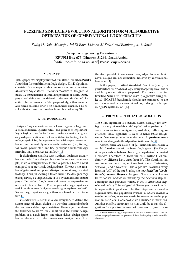 Pdf Fuzzified Simulated Evolution Algorithm For Multi Objective Optimization Of Combinational