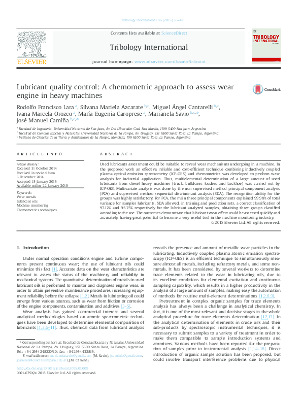(PDF) Lubricant Quality Control: A Chemometric Approach To Assess Wear ...