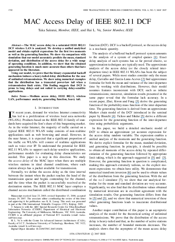 (PDF) MAC Access Delay of IEEE 802.11 DCF | Hải Ninh Vũ - Academia.edu