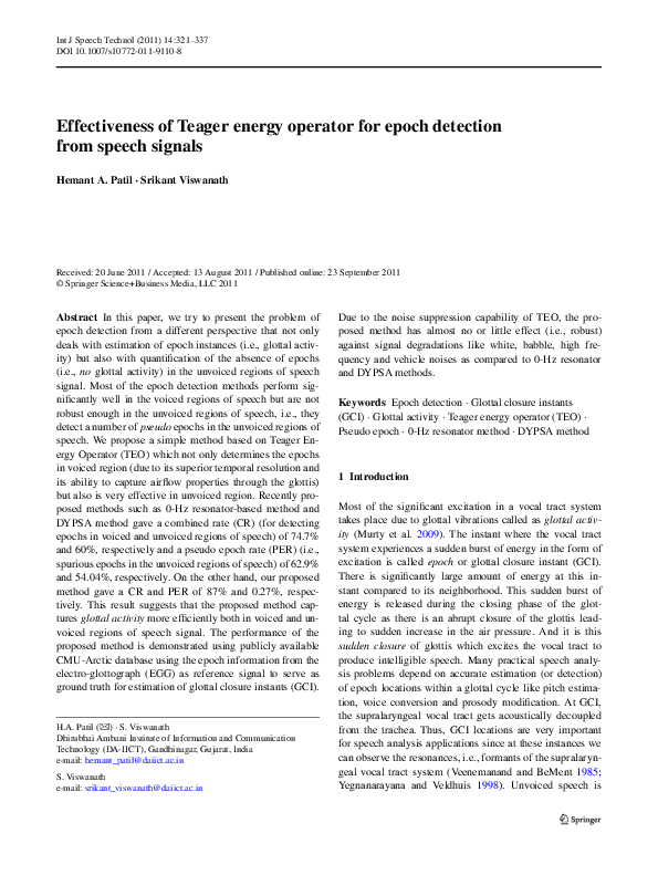 (PDF) Effectiveness of Teager energy operator for epoch detection from ...