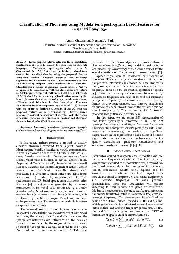 Pdf Classifying Gujarati Phonemes Via Modulation 