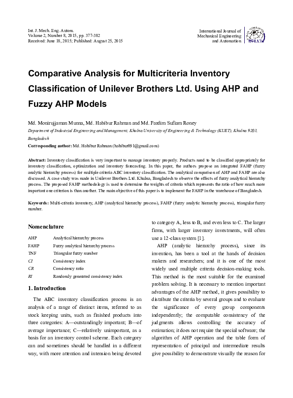 (PDF) Comparative Analysis for Multicriteria Inventory Classification of Unilever Brothers Ltd ...