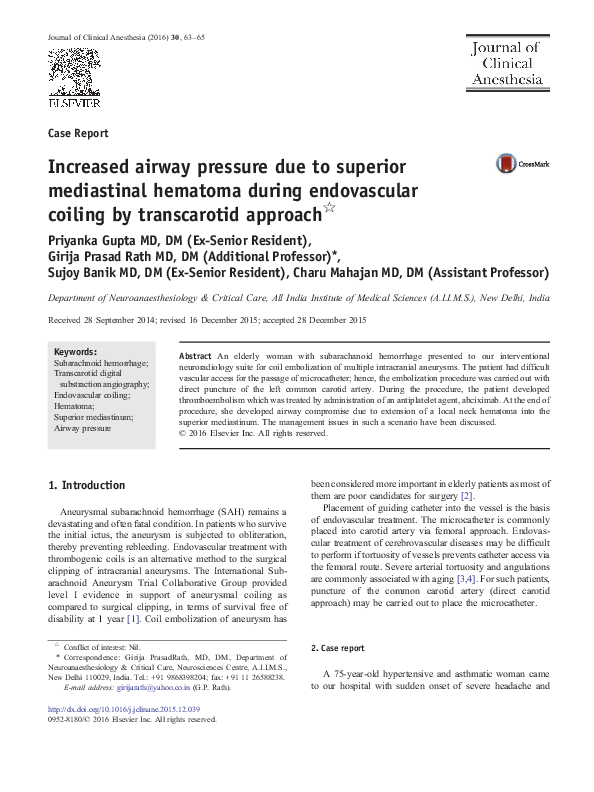 (PDF) Increased airway pressure due to superior mediastinal hematoma ...