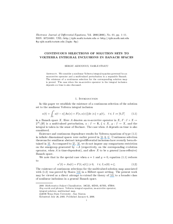 (PDF) Continuous selections of solution sets to Volterra integral inclusions in Banach spaces ...
