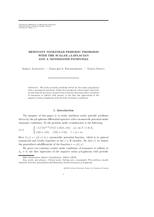 (PDF) RESONANT NONLINEAR PERIODIC PROBLEMS WITH THE SCALAR p-LAPLACIAN AND A NONSMOOTH POTENTIAL ...