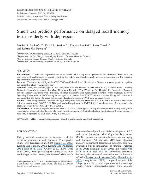 (PDF) Smell test predicts performance on delayed recall memory test in ...
