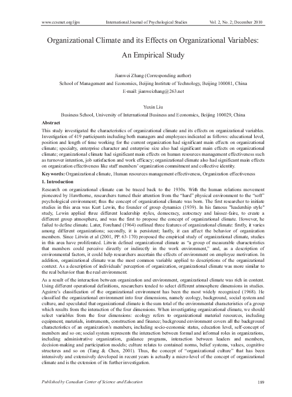 (PDF) Organizational Climate and its Effects on Organizational ...