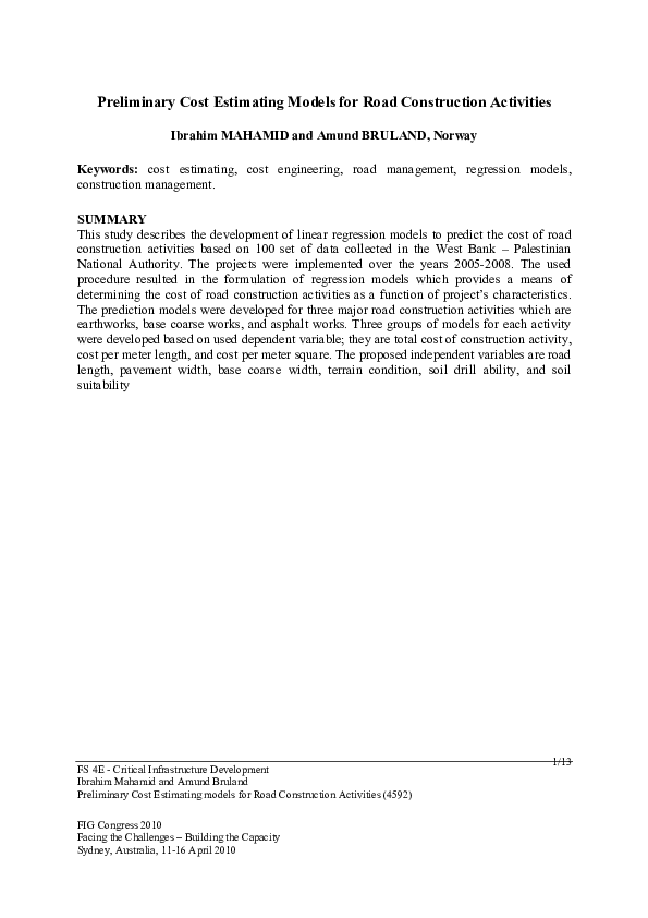 (PDF) Preliminary Cost Estimating Models for Road Construction Activities