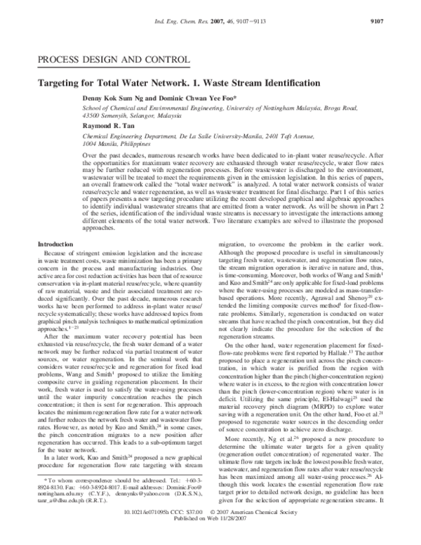 (PDF) Targeting for Total Water Network. 1. Waste Stream Identification