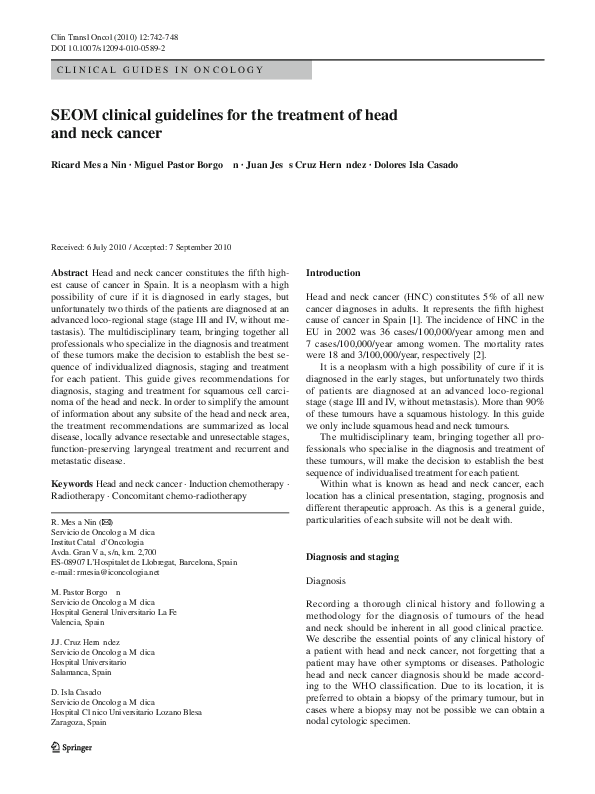 (PDF) SEOM clinical guidelines for the treatment of head and neck cancer