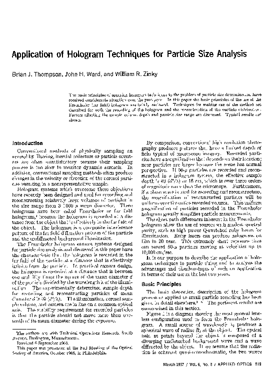 (PDF) Application of Hologram Techniques for Particle Size Analysis