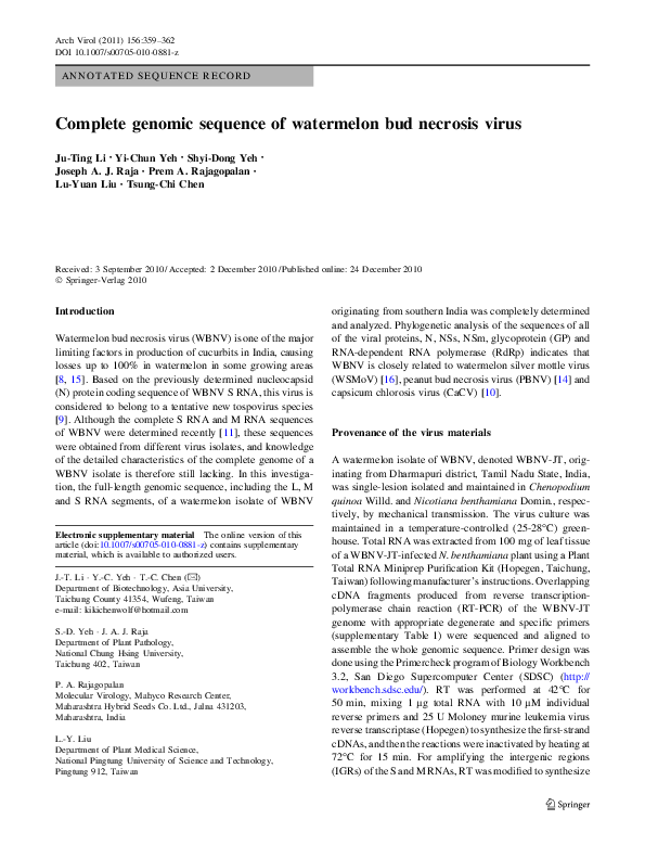 (PDF) Complete genomic sequence of watermelon bud necrosis virus