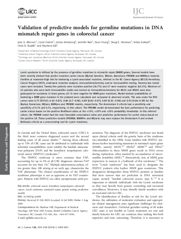 (PDF) Validation of predictive models for germline mutations in DNA mismatch repair genes in ...