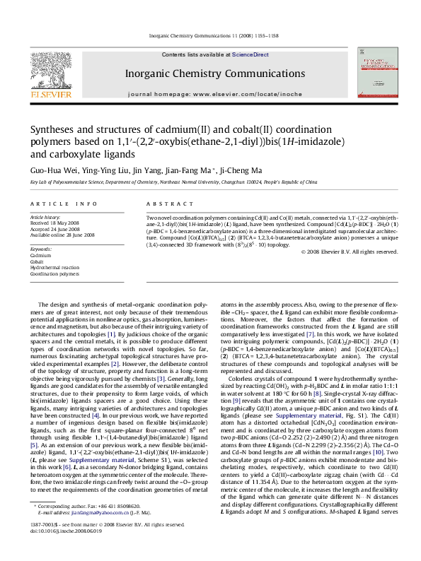 (PDF) Syntheses and structures of cadmium(II) and cobalt(II) coordination polymers based on 1,1 ...