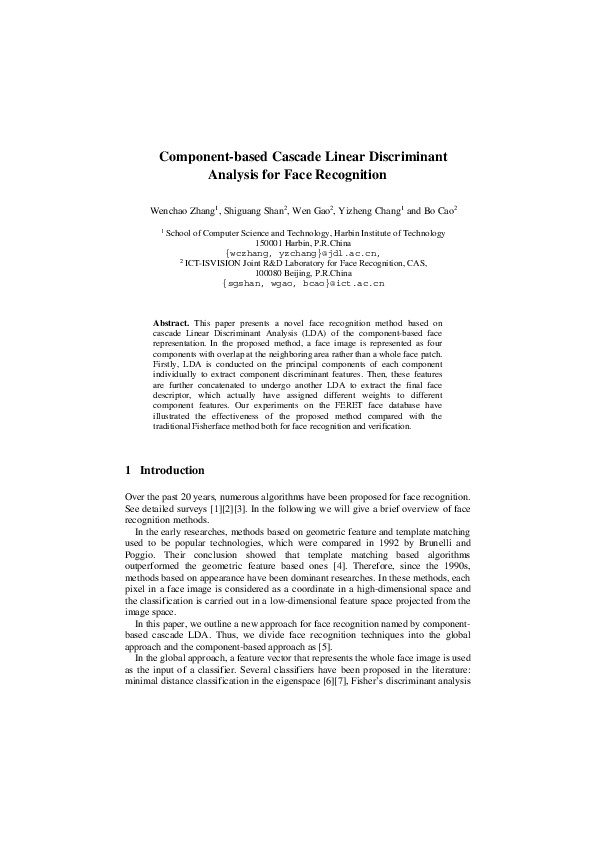 Pdf Component Based Cascade Linear Discriminant Analysis For Face Recognition