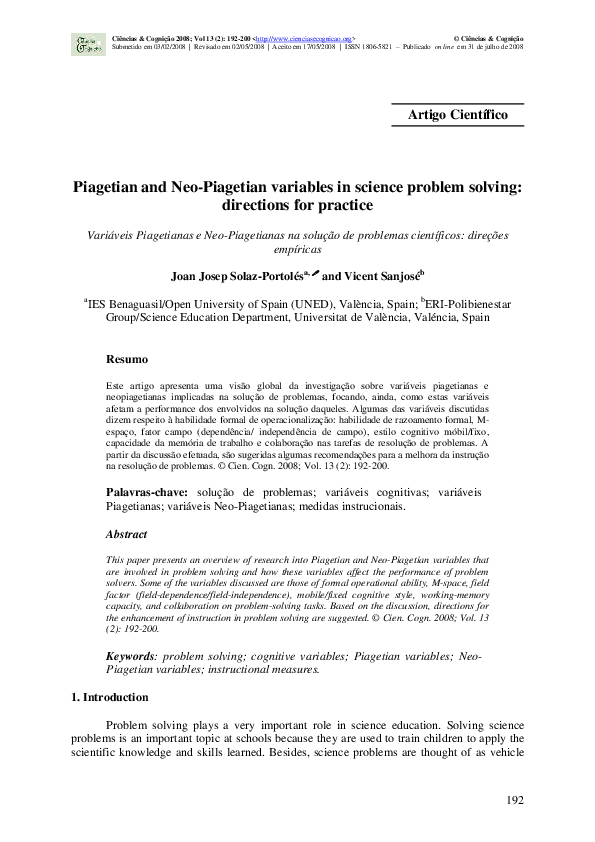 (PDF) Piagetian and Neo-Piagetian variables in science problem solving: directions for practice
