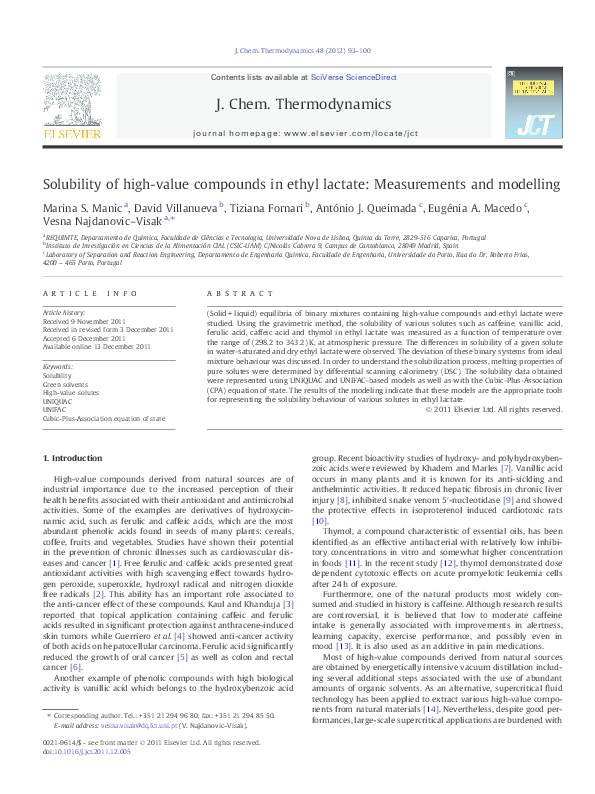 (PDF) Solubility of high-value compounds in ethyl lactate: Measurements ...