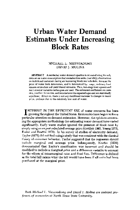 (PDF) Urban Water Demand Estimates Under Increasing Block Rates