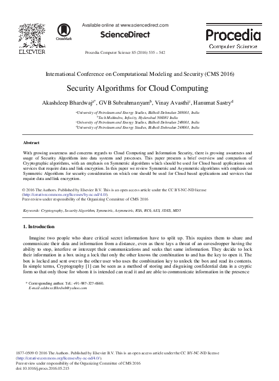 (PDF) Security Algorithms for Cloud Computing