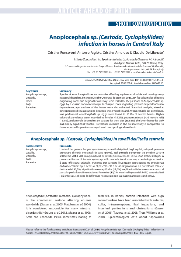 (PDF) Anoplocephala sp. (Cestoda, Cyclophyllidea) infection in horses ...