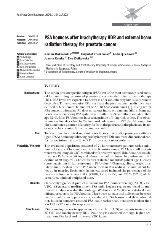 (PDF) PSA bounces after brachytherapy HDR and external beam radiation ...