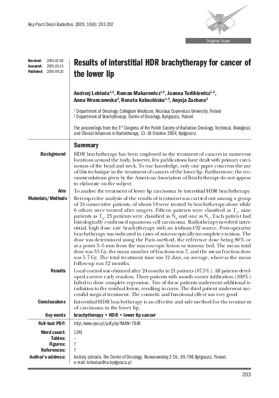 (PDF) Results of interstitial HDR brachytherapy for cancer of the lower lip